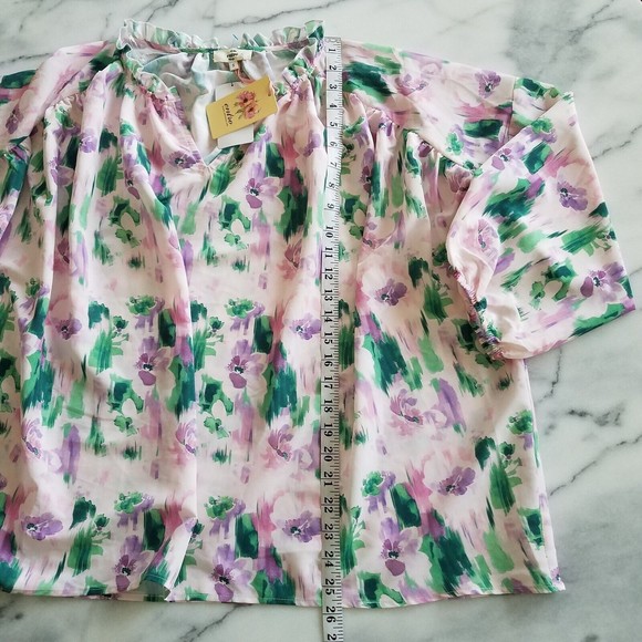 entro | Tops | Entro Womens S Floral Watercolor Blouse Boho Ruffle Neck ...